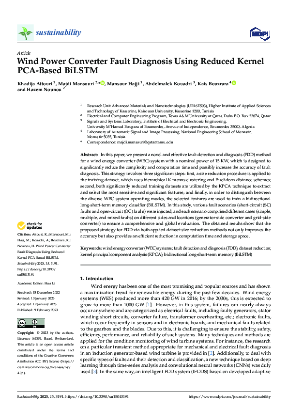 Pdf Wind Power Converter Fault Diagnosis Using Reduced Kernel Pca Based Bilstm Khadija