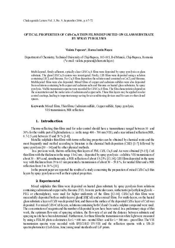 (PDF) Optical properties of CdS-CuxS thin films deposited on glass substrate by spray pyrolysis