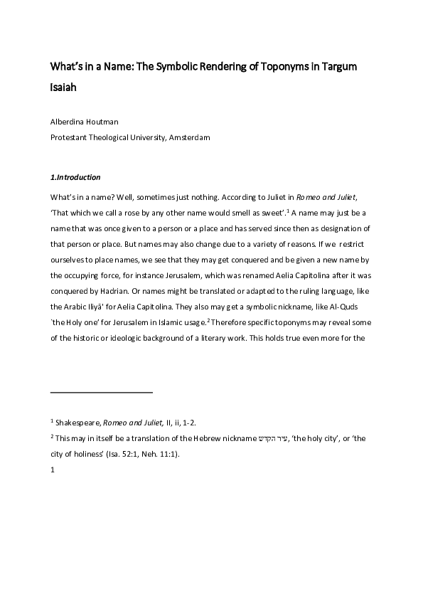(PDF) What's in a Name: The Symbolic Rendering of Toponyms in Targum Isaiah