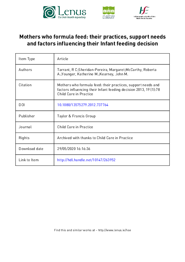 (PDF) Mothers who Formula Feed: Their Practices, Support Needs and ...
