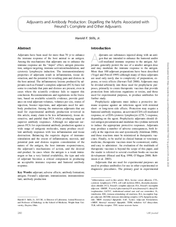 (PDF) Adjuvants and Antibody Production: Dispelling the Myths Associated with Freund's Complete ...