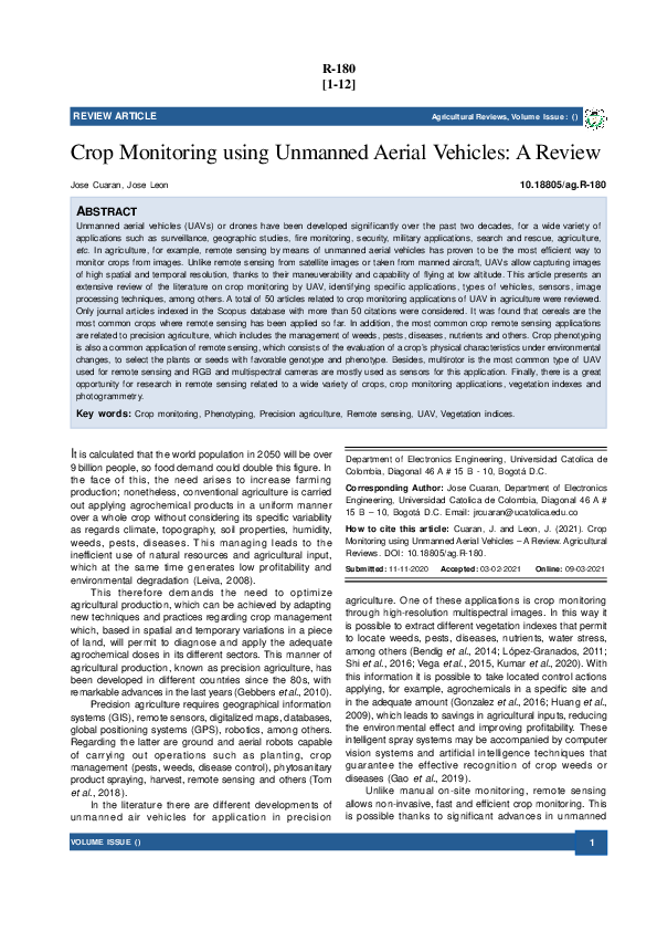 (PDF) Crop Monitoring using Unmanned Aerial Vehicles: A Review