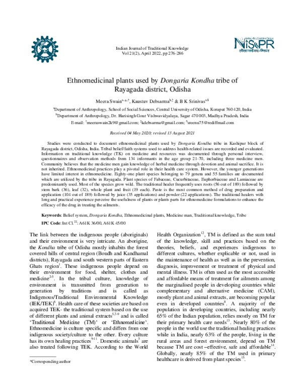 (PDF) Ethnomedicinal plants used by Dongaria Kondha tribe of Rayagada district, Odisha