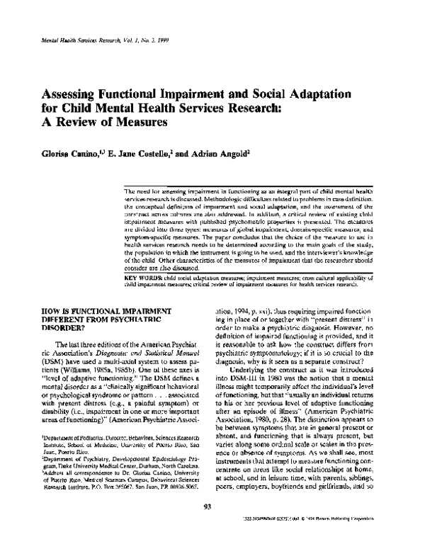 (PDF) Assessing Functional Impairment and Social Adaptation for Child ...