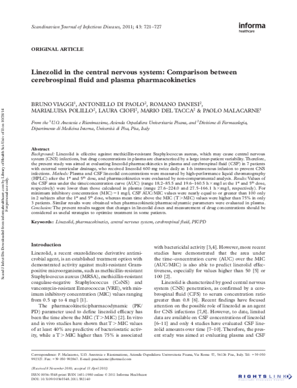 (PDF) Linezolid in the central nervous system: Comparison between cerebrospinal fluid and plasma ...