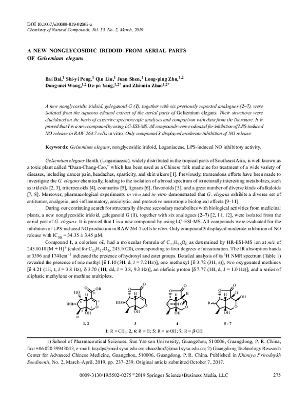 (PDF) A New Nonglycosidic Iridoid from Aerial Parts of Gelsemium elegans