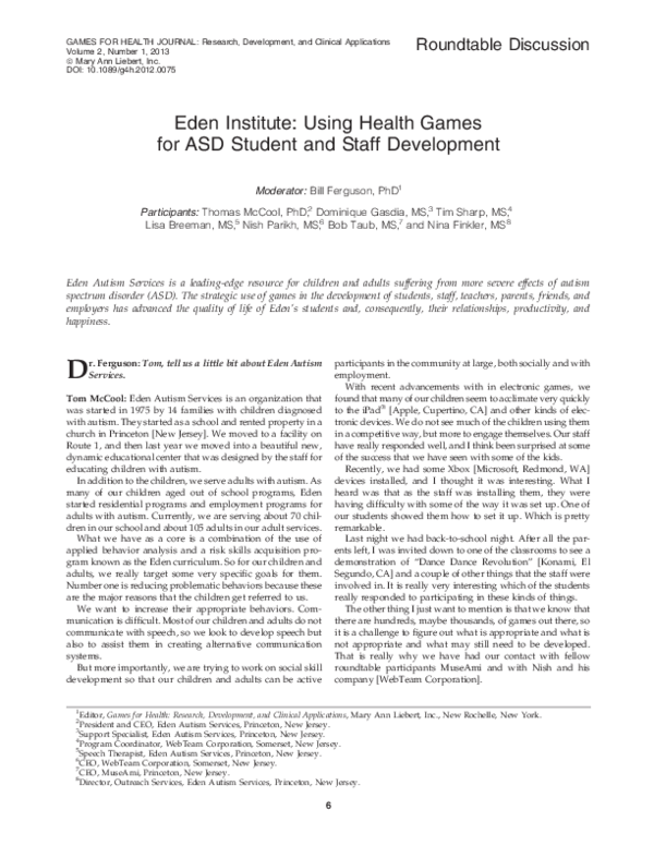 (PDF) Eden Institute: Using Health Games for ASD Student and Staff ...