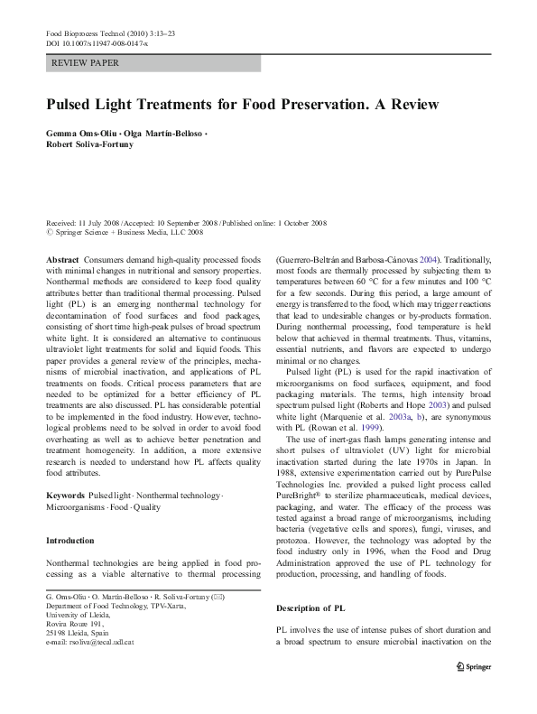 (PDF) Pulsed Light Treatments for Food Preservation. A Review
