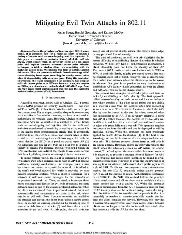 (PDF) Mitigating Evil Twin Attacks in 802.11