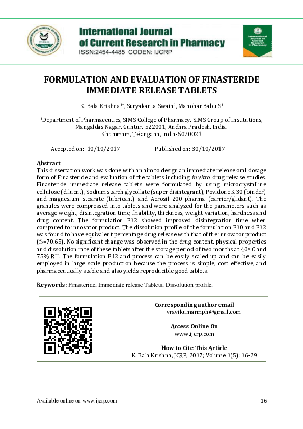 (PDF) Formulation and Evaluation of Finasteride Immediate Release Tablets