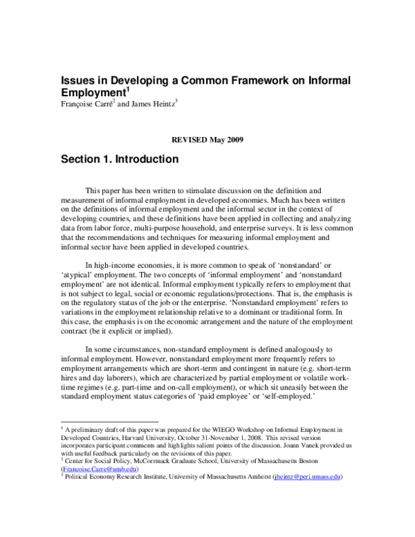 (PDF) Issues in Developing a Common Framework on Informal Employment