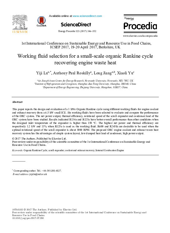 (PDF) Working fluid selection for a small-scale organic Rankine cycle recovering engine waste heat