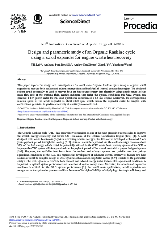 (PDF) Design and Parametric Study of an Organic Rankine Cycle using a Scroll Expander for Engine ...