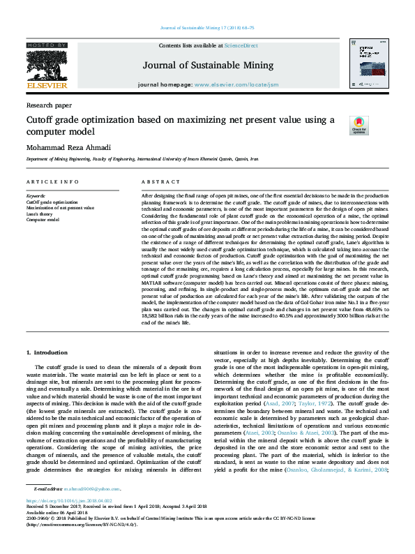 (PDF) Cutoff grade optimization based on maximizing net present value using a computer model