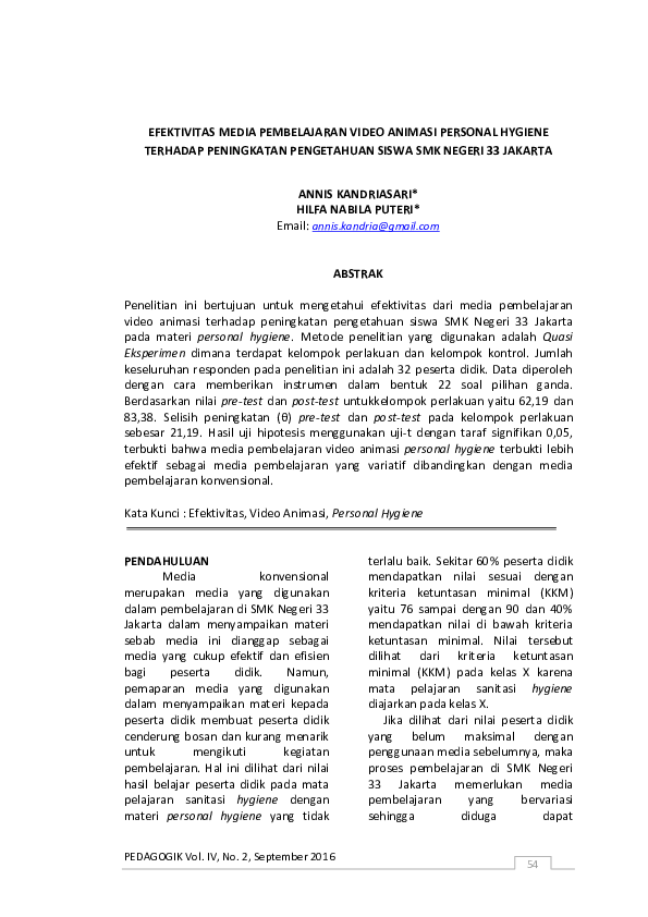 (PDF) Efektivitas Media Pembelajaran Video Animasi Personal Hygiene Terhadap Peningkatan ...