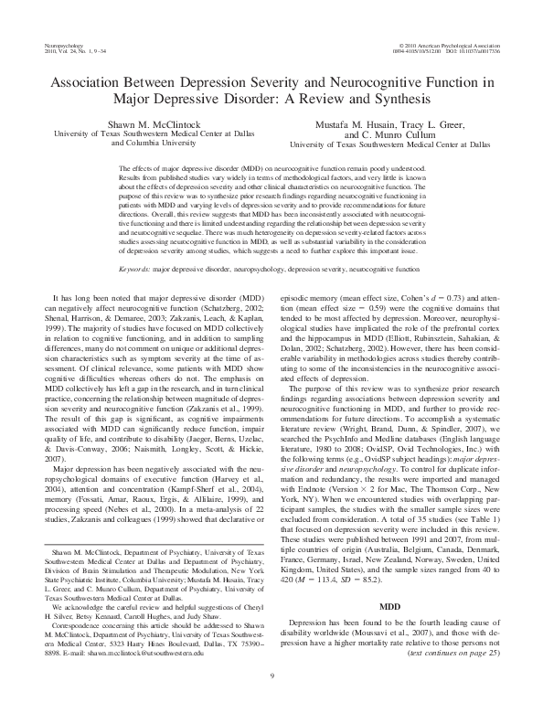(PDF) Association between depression severity and neurocognitive ...