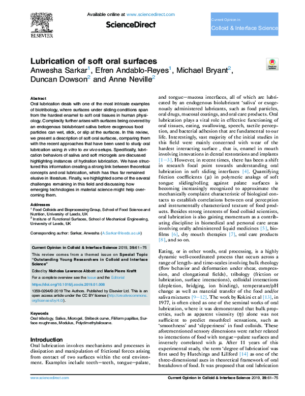 (PDF) Lubrication of soft oral surfaces