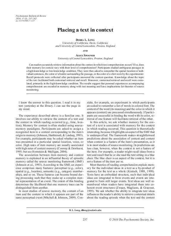 (PDF) Placing a text in context