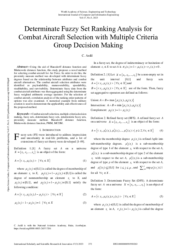 Pdf Determinate Fuzzy Set Ranking Analysis For Combat Aircraft Selection With Multiple