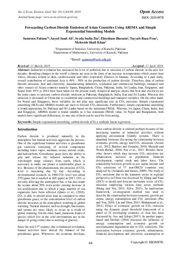 (PDF) Forecasting Carbon Dioxide Emission of Asian Countries Using ARIMA and Simple Exponential ...