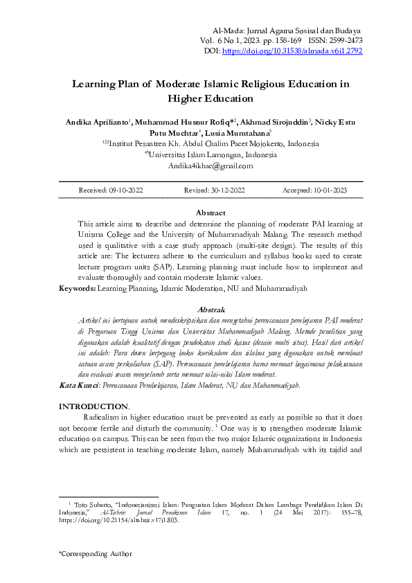 (PDF) Learning Plan of Moderate Islamic Religious Education in Higher ...