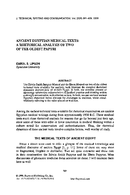 (PDF) Ancient Egyptian Medical Texts: A Rhetorical Analysis of two of ...