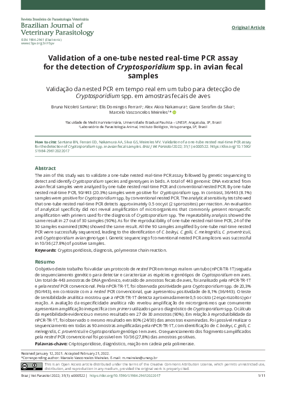 (PDF) Validation of a one-tube nested real-time PCR assay for the detection of Cryptosporidium ...