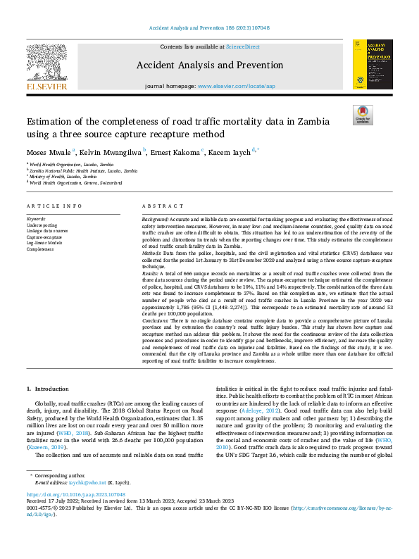 Pdf Estimation Of The Completeness Of Road Traffic Mortality Data In