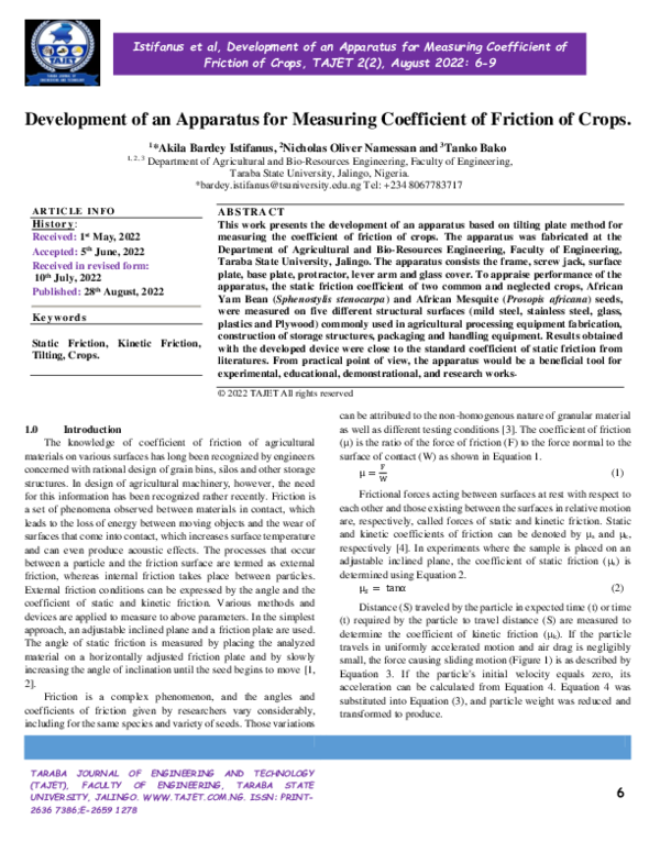 Pdf Development Of An Apparatus For Measuring Coefficient Of Friction Of Crops