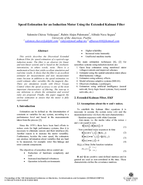 Pdf Speed Estimation For An Induction Motor Using The Extended Kalman Filter