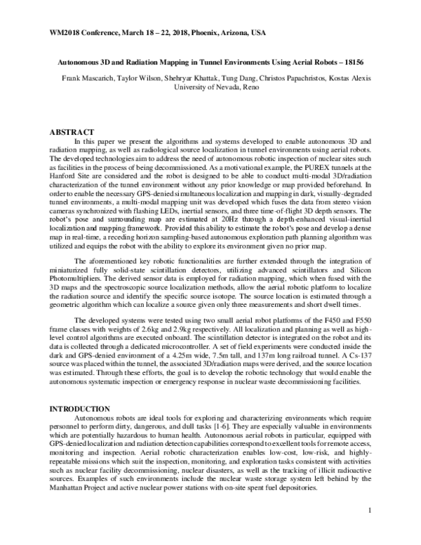 (PDF) Autonomous 3 D and Radiation Mapping in Tunnel Environments Using Aerial Robots – 18156