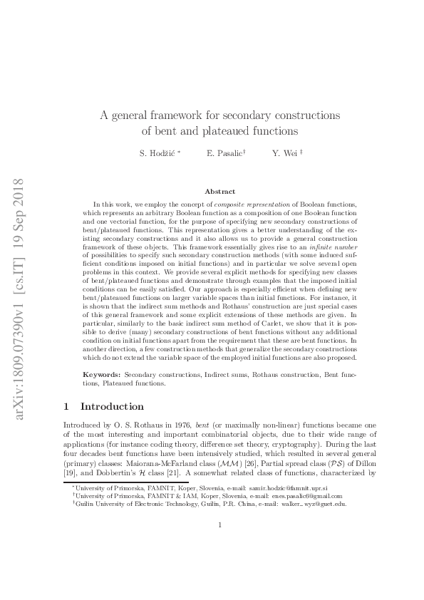 (PDF) A general framework for secondary constructions of bent and plateaued functions