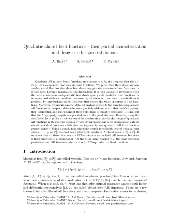 Pdf Quadratic Almost Bent Functions—their Partial Characterization And Design In The Spectral