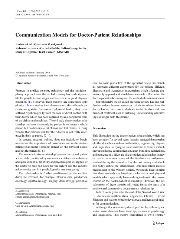(PDF) Communication Models for Doctor-Patient Relationships