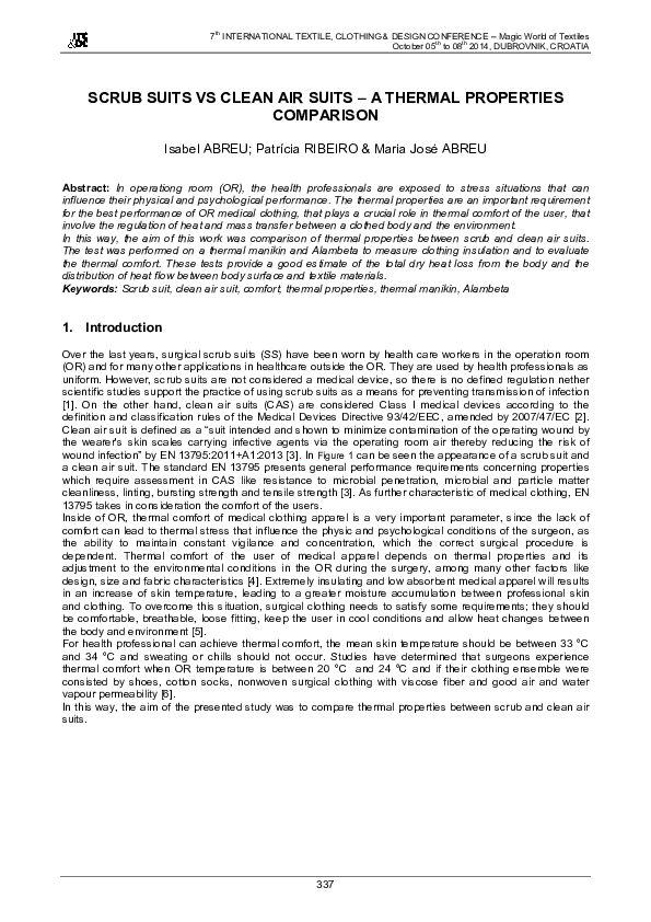 (PDF) Srub suits vs clean air suits: a thermal properties comparison