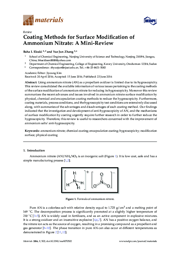 (PDF) Coating Methods for Surface Modification of Ammonium Nitrate: A ...