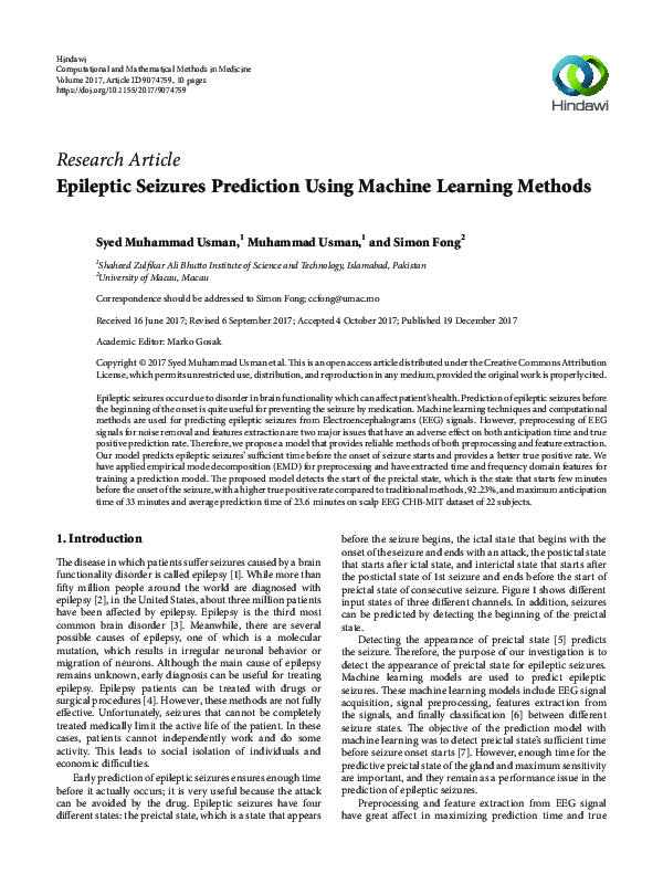 Pdf Epileptic Seizures Prediction Using Machine Learning Methods Syed Muhammad Usman