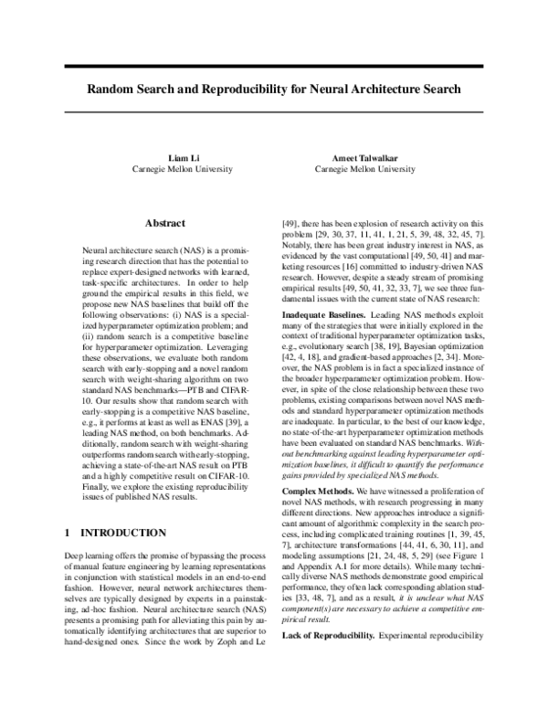 (PDF) Random Search and Reproducibility for Neural Architecture Search