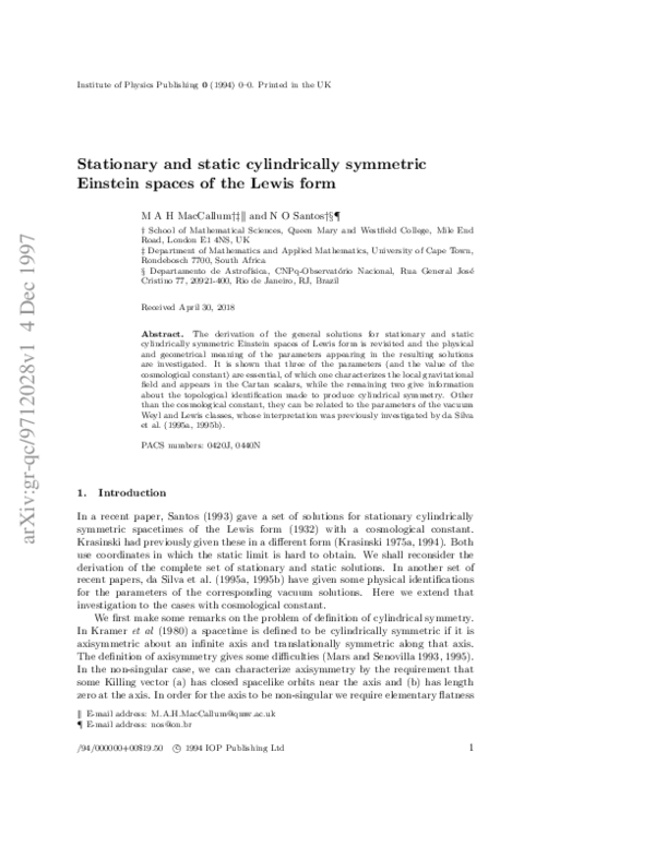 Pdf Stationary And Static Cylindrically Symmetric Einstein Spaces Of The Lewis Form