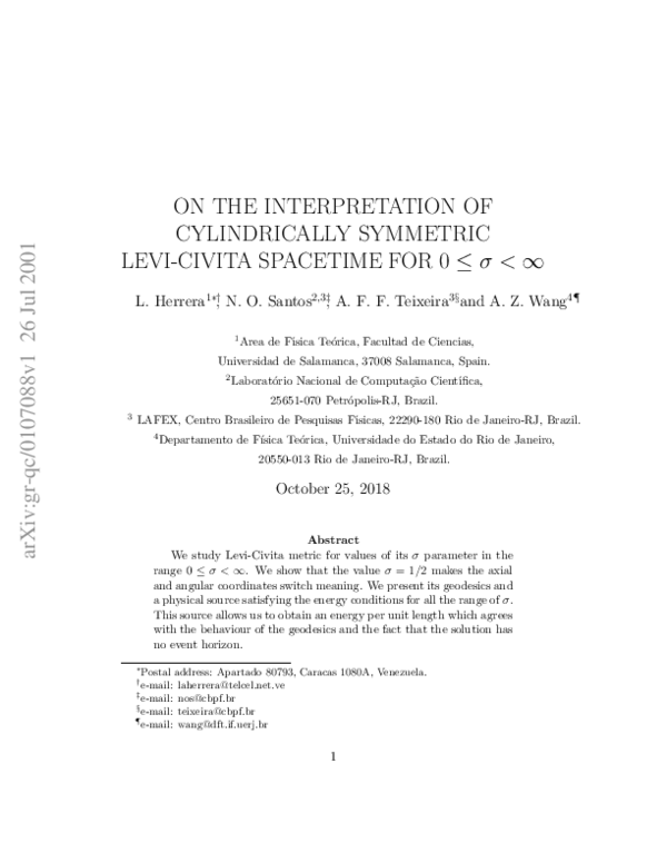 Pdf On The Interpretation Of Cylindrically Symmetric Levi Civita Spacetime For 0⩽σ∞ Nilton
