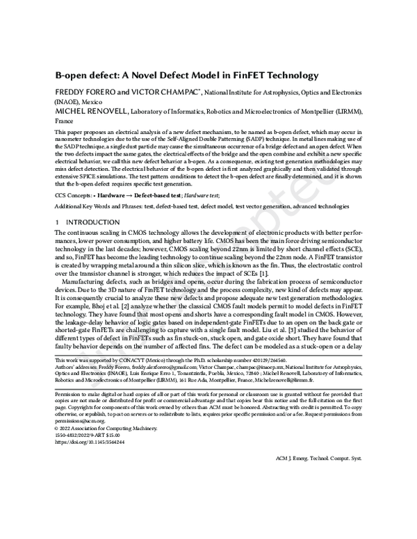 Pdf B Open Defect A Novel Defect Model In Finfet Technology