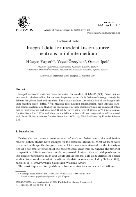 (PDF) Integral data for incident fusion source neutrons in infinite medium