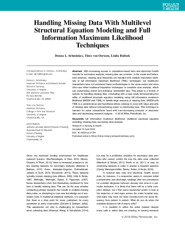 (PDF) Handling Missing Data With Multilevel Structural Equation Modeling and Full Information ...