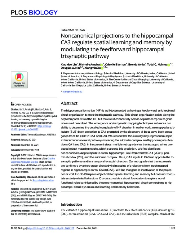 (PDF) Noncanonical projections to the hippocampal CA3 regulate spatial learning and memory by ...
