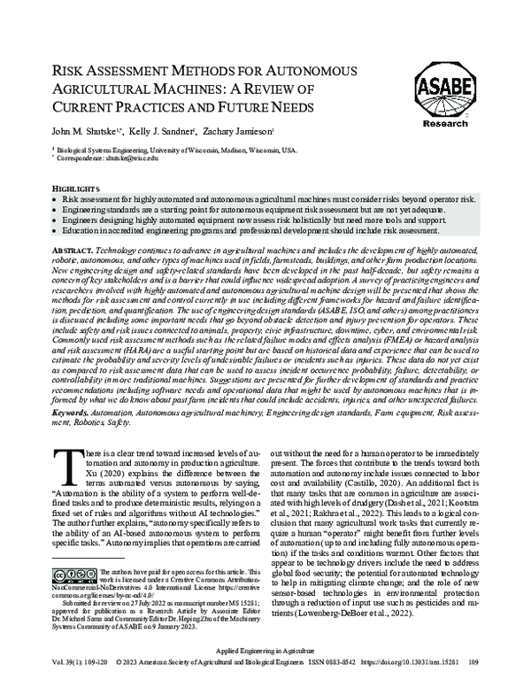 (PDF) Risk Assessment Methods for Autonomous Agricultural Machines: A Review of Current ...