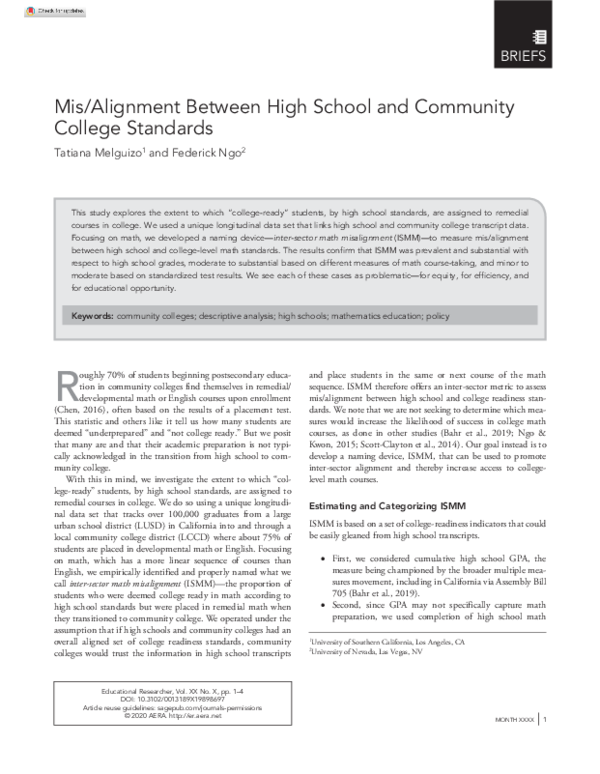 (PDF) Mis/Alignment Between High School and Community College Standards