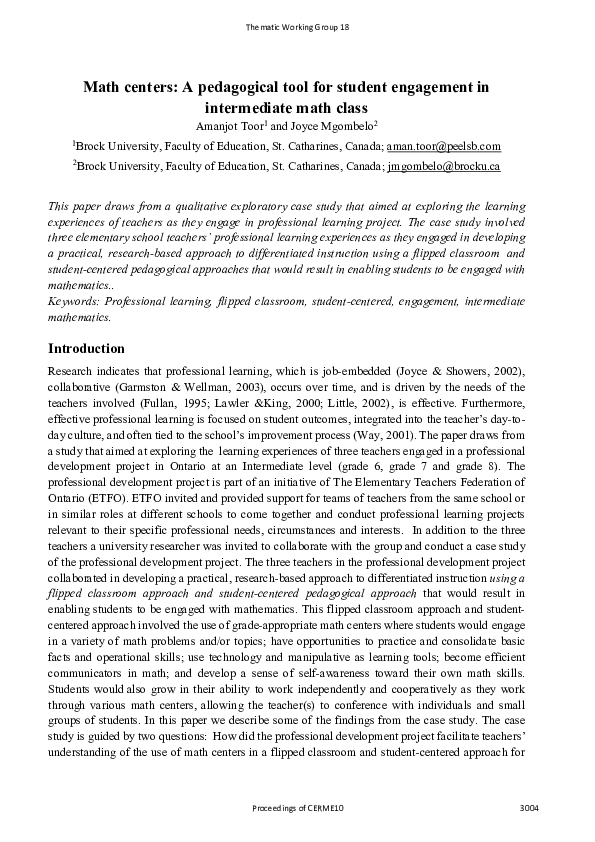 (PDF) Math centers: A pedagogical tool for student engagement in intermediate math class