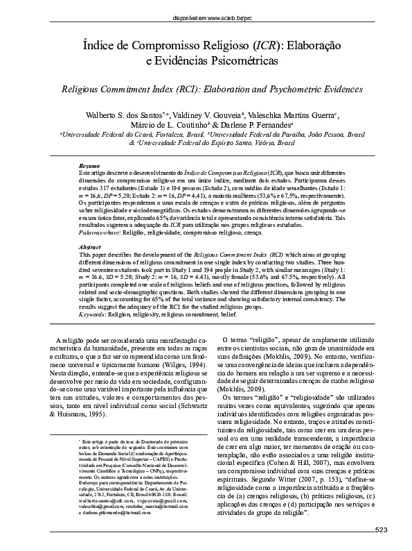 (PDF) Índice de Compromisso Religioso (ICR): elaboração e evidências ...