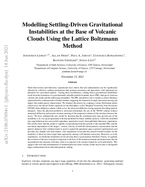 (PDF) Modelling Settling-Driven Gravitational Instabilities at the Base of Volcanic Clouds Using ...