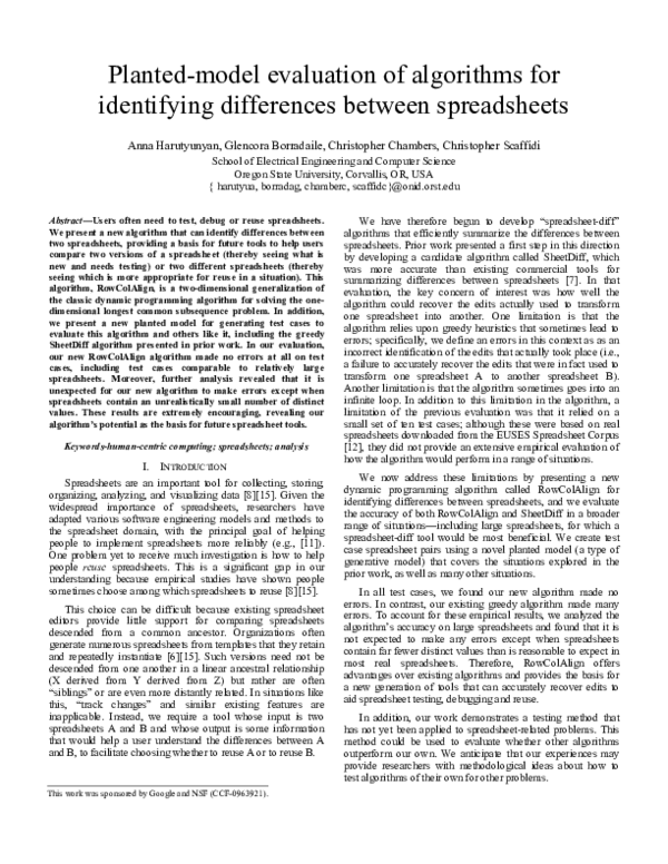 Pdf Planted Model Evaluation Of Algorithms For Identifying Differences Between Spreadsheets